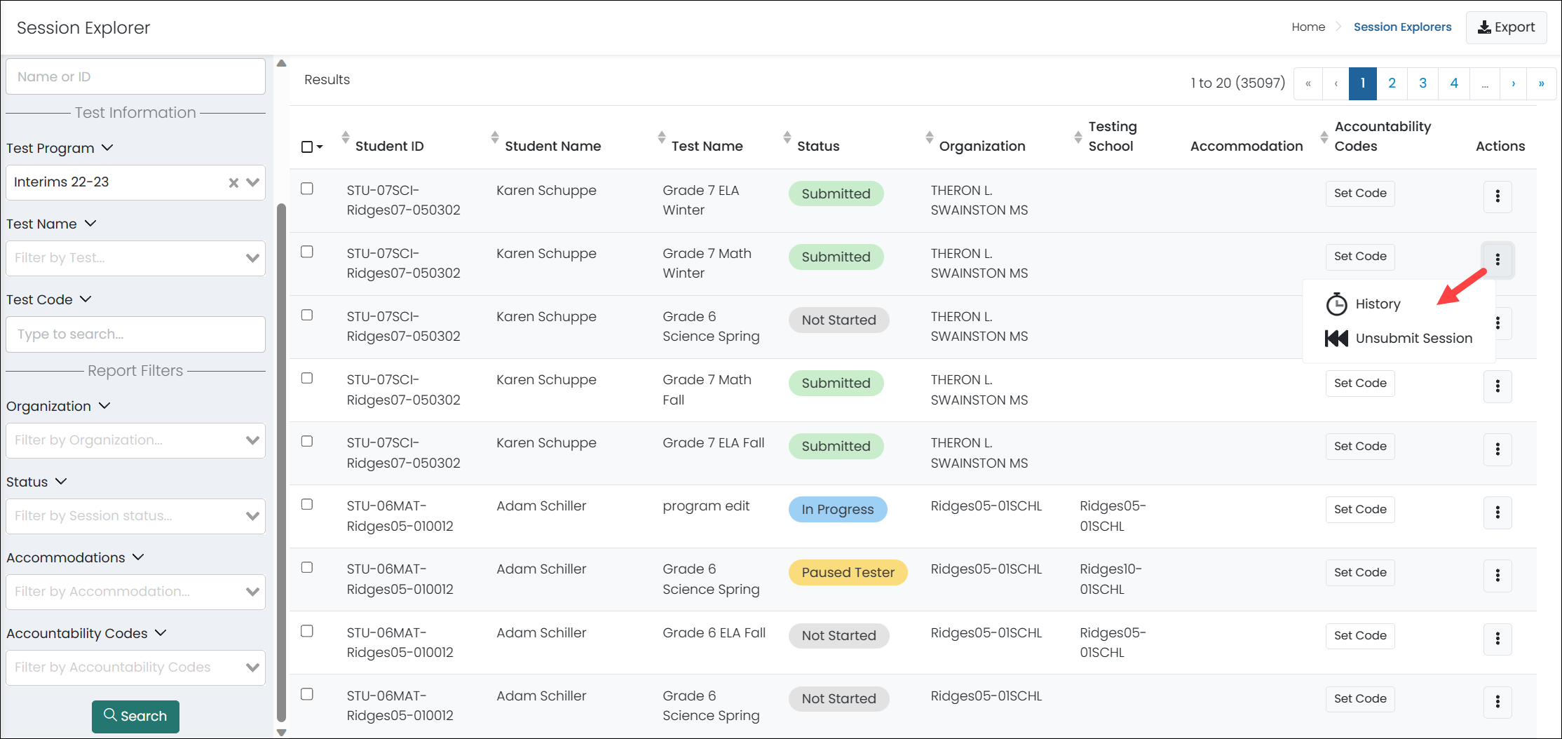 Session Explorer – ADAM Assessments Support
