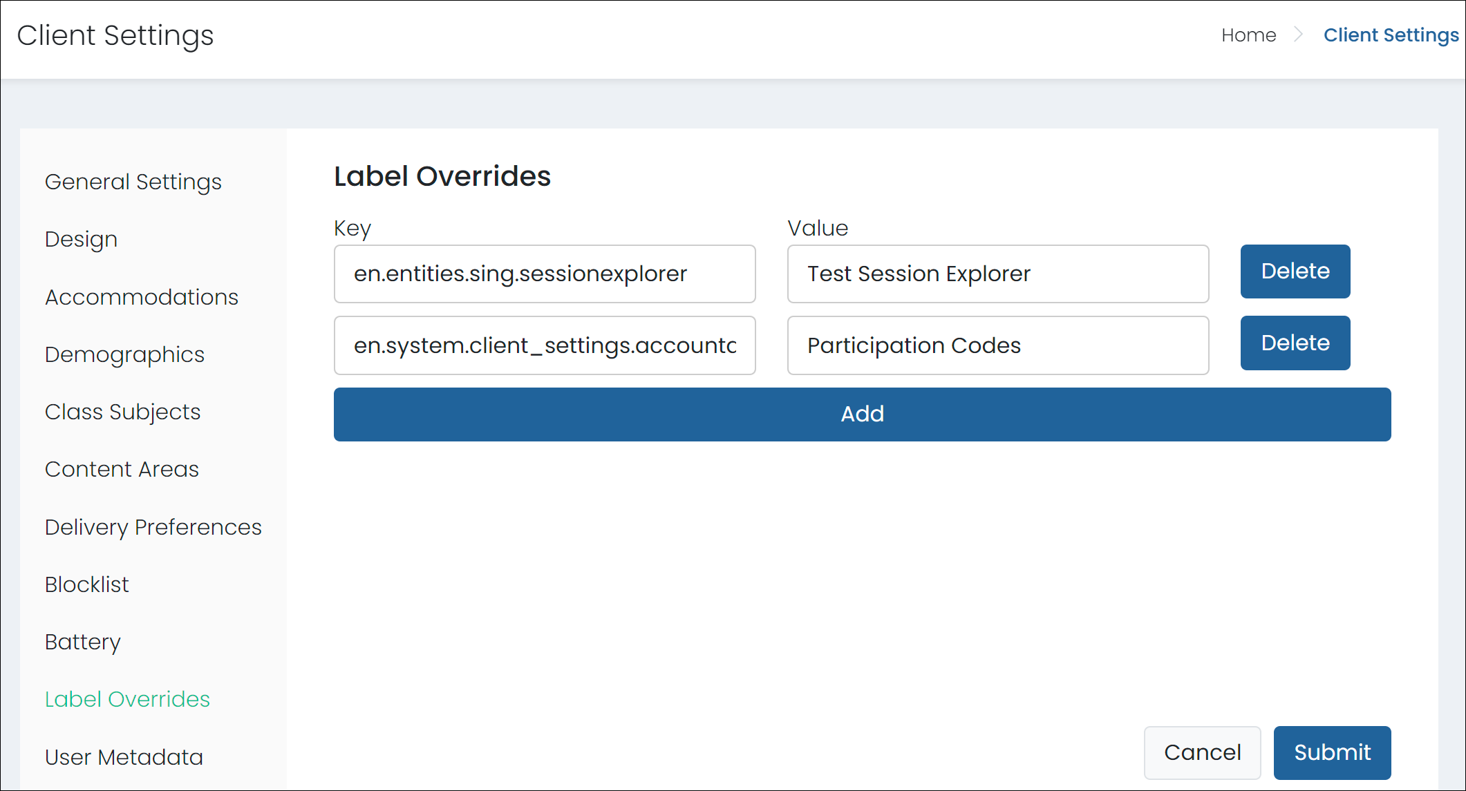 Client Settings: Label Overrides – ADAM Assessments Support